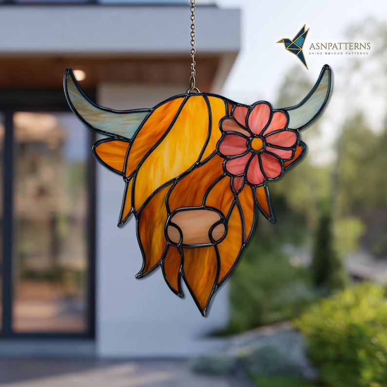 Floral Highland Cow Stained Glass Pattern, Highland Cow Head Suncatcher ...