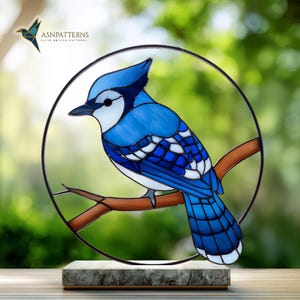 Blue Jay Stained Glass Pattern, Blue Jay Suncatcher Template, DIY Glass ...