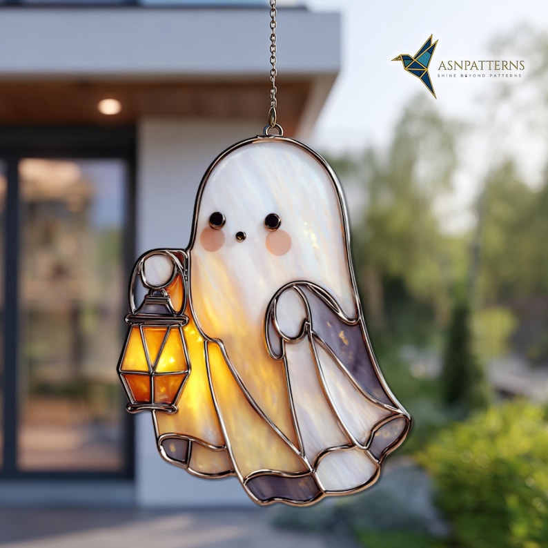 Ghost Bring Lantern Stained Glass Pattern, Cute Ghost Suncatcher ...