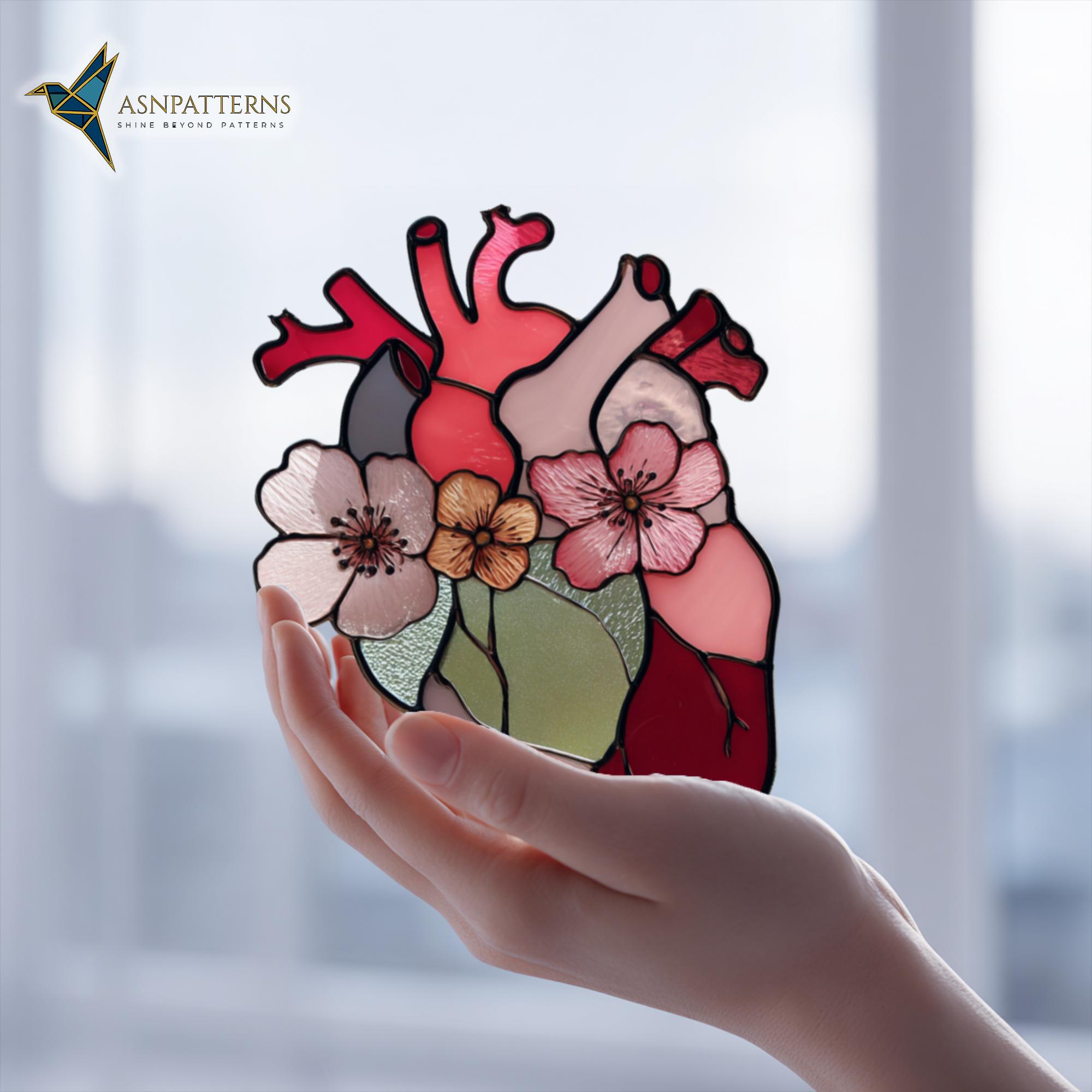 Floral Anatomical Heart Stained Glass Pattern, Heart Suncatcher ...