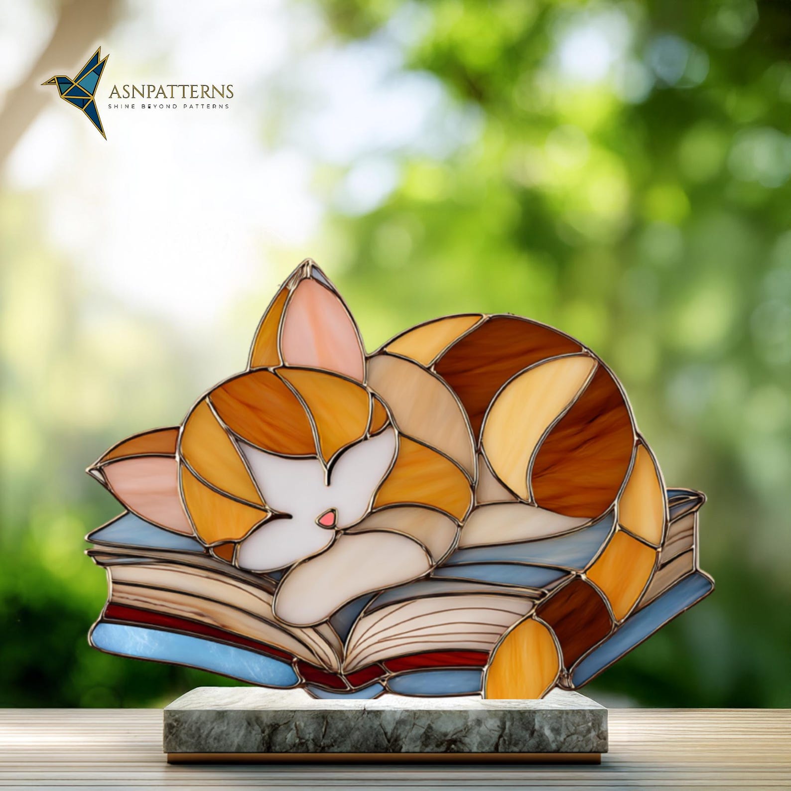 Sleeping Cat on Books Stained Glass Pattern, Cat Book Suncatcher ...