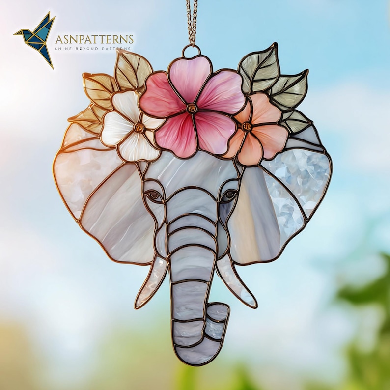 Floral Elephant Stained Glass Pattern, Elephant With Flower Suncatcher ...