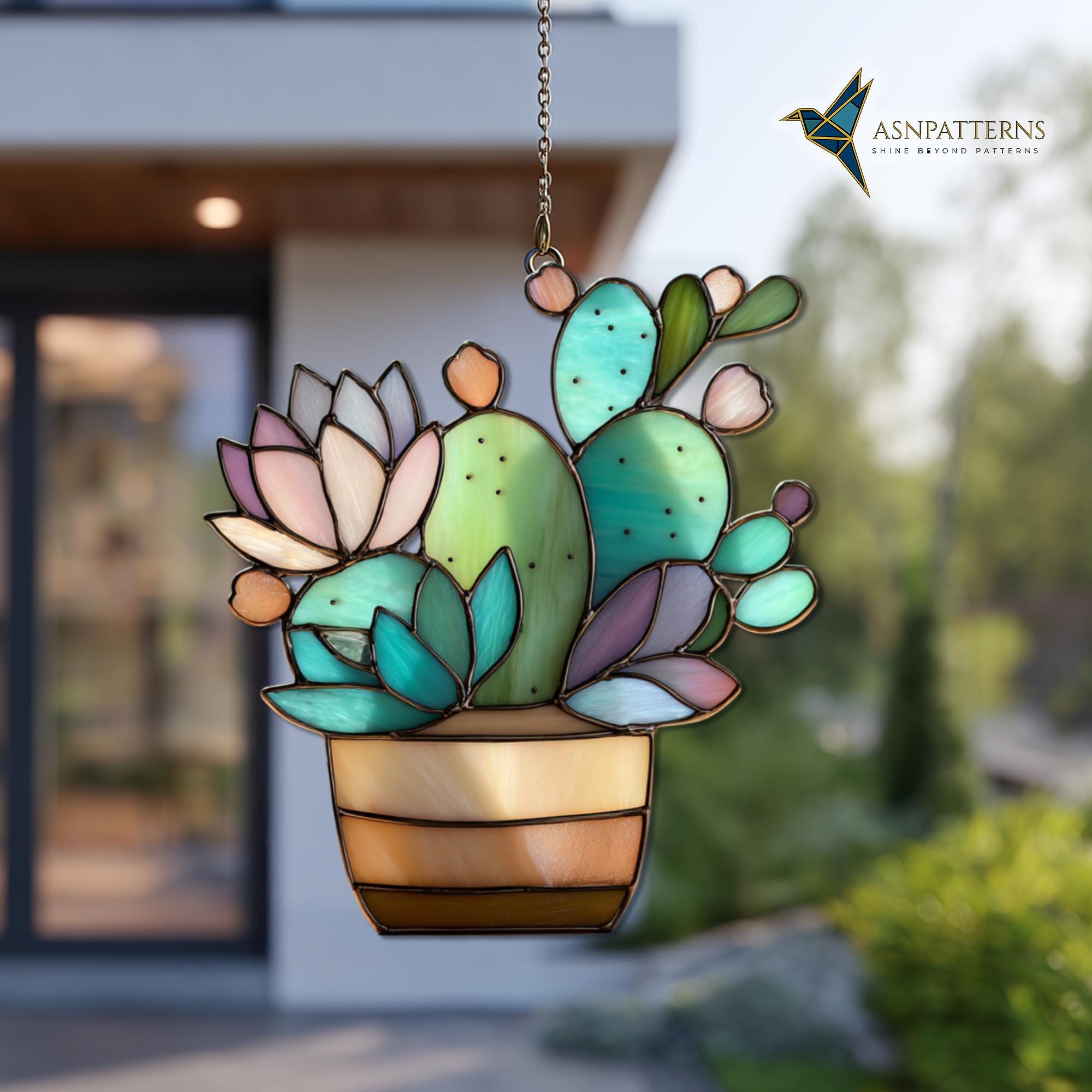 Blooming Cactus Stained Glass Pattern, Cactus Suncatcher, Stained Glass ...