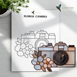 Floral Camera Stained Glass Pattern, Camera Suncatcher Template, DIY ...
