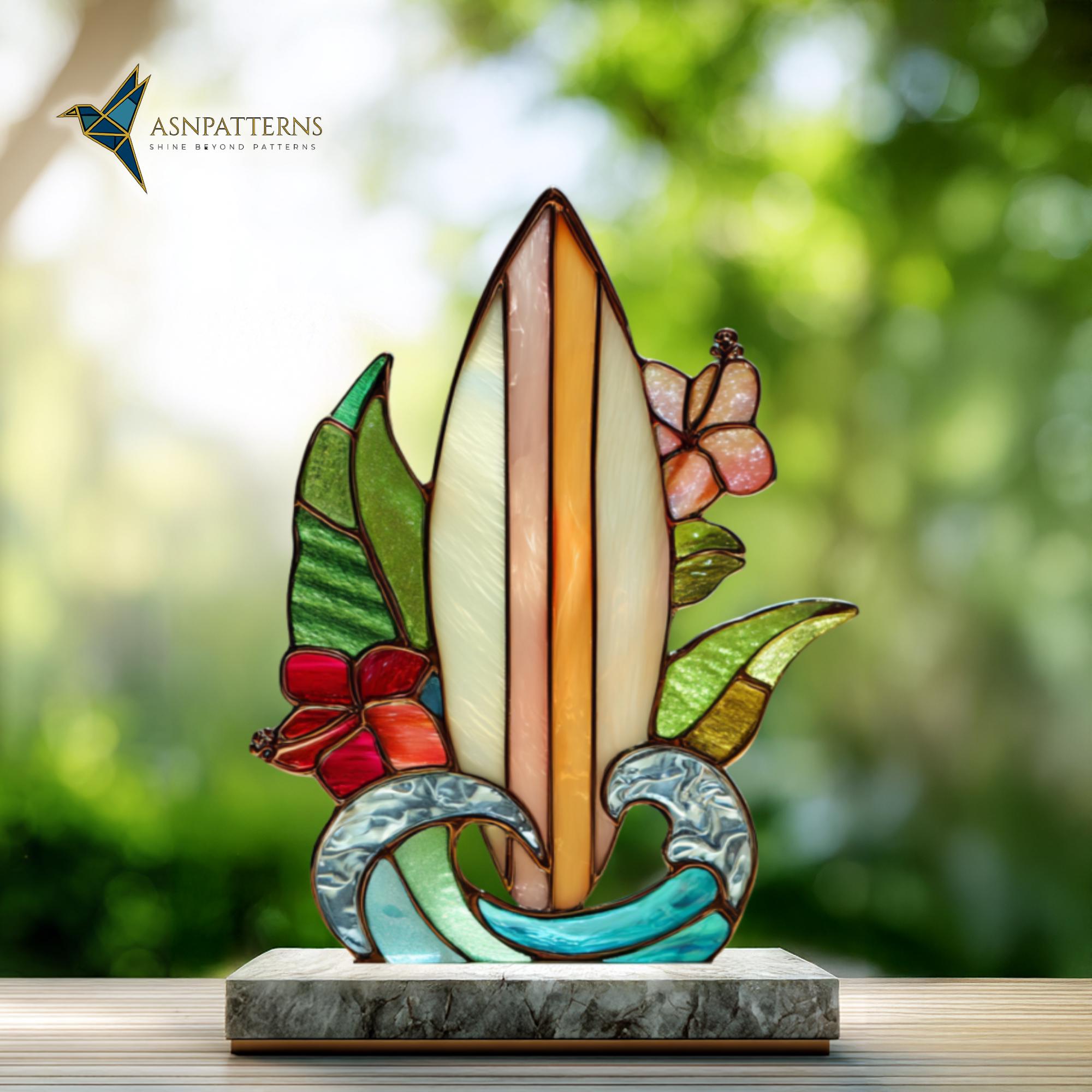 Surfboard Stained Glass Pattern, Tropical Surfboard Suncatcher Template ...