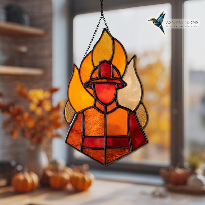 Firefighter Stained Glass Pattern, Fire Ma Suncatcher Template, DIY ...