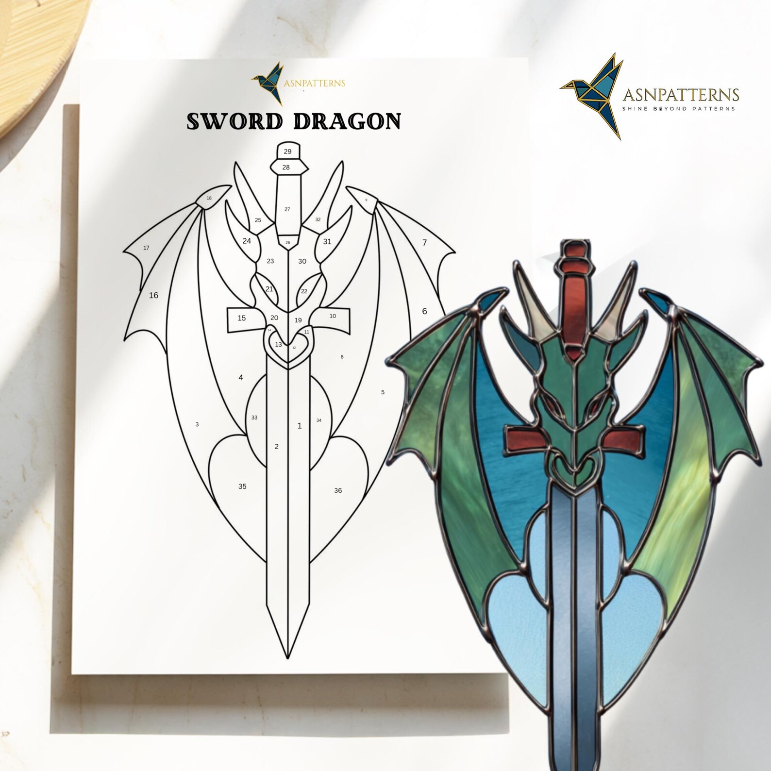Sword Dragon Stained Glass Pattern, Dragon Suncatcher PDF Template, DIY ...