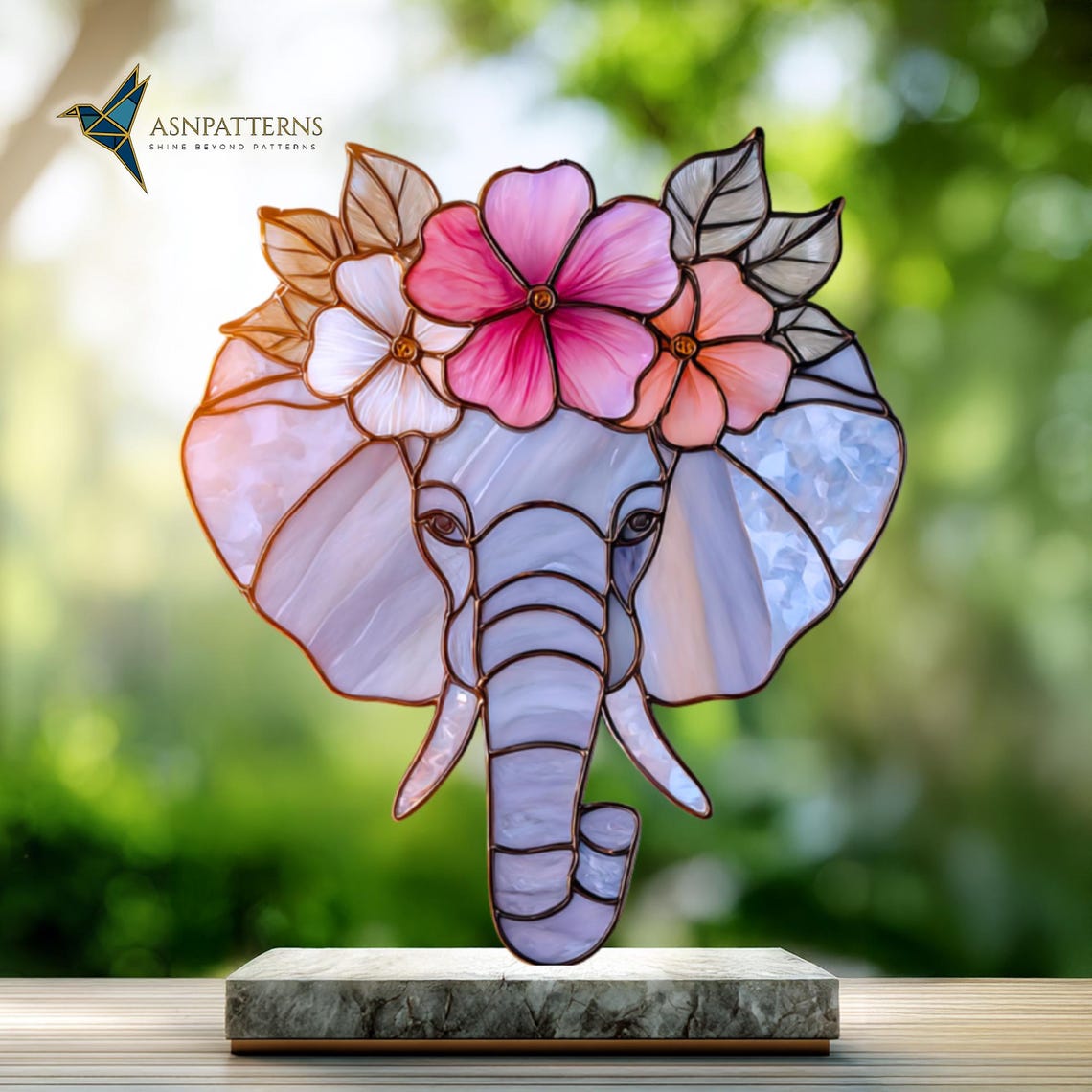 Floral Elephant Stained Glass Pattern, Elephant With Flower Suncatcher ...