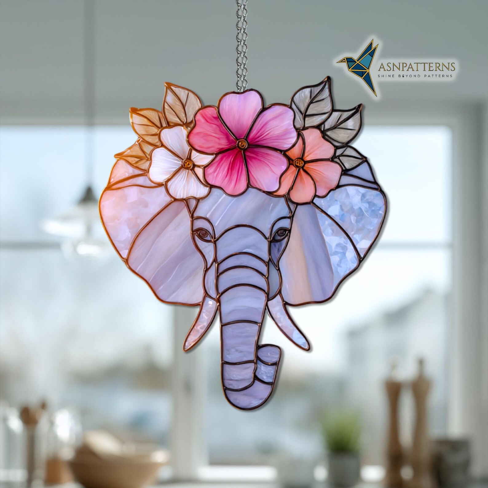 Floral Elephant Stained Glass Pattern, Elephant With Flower Suncatcher ...