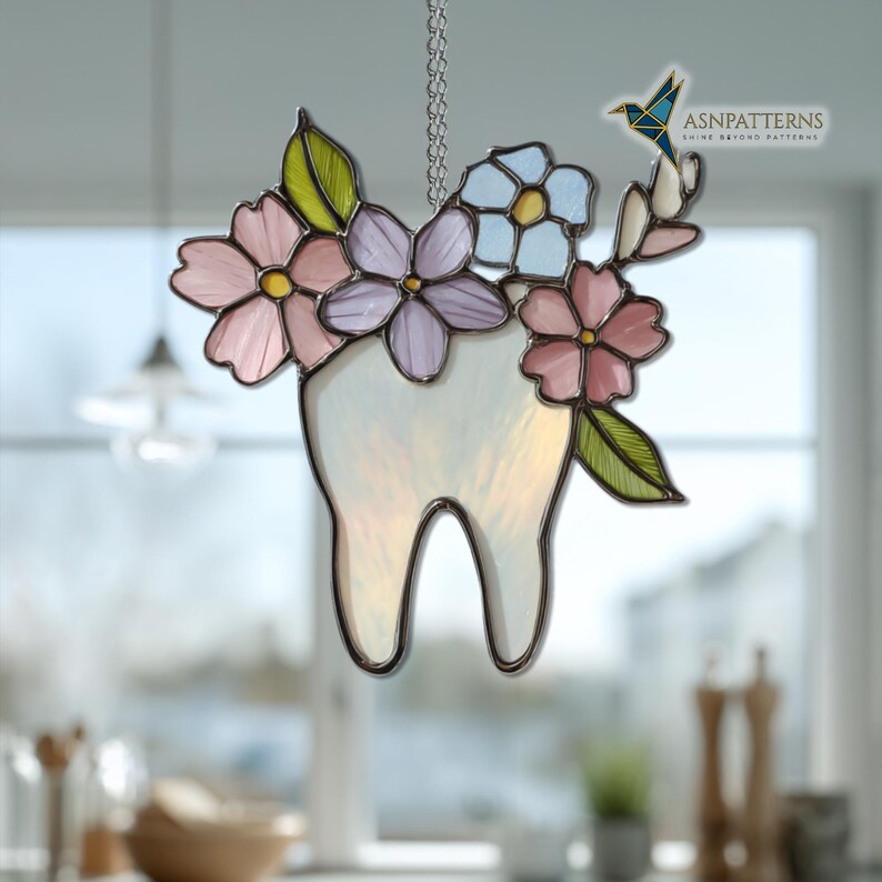 Floral Tooth Stained Glass Pattern, Dental Suncatcher Template, DIY ...