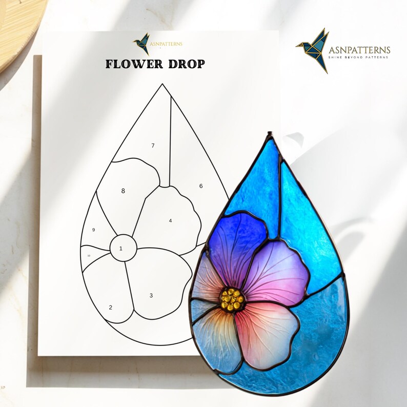 Set of 2 Flower Drop Stained Glass Pattern, Drop Flower Suncatcher ...