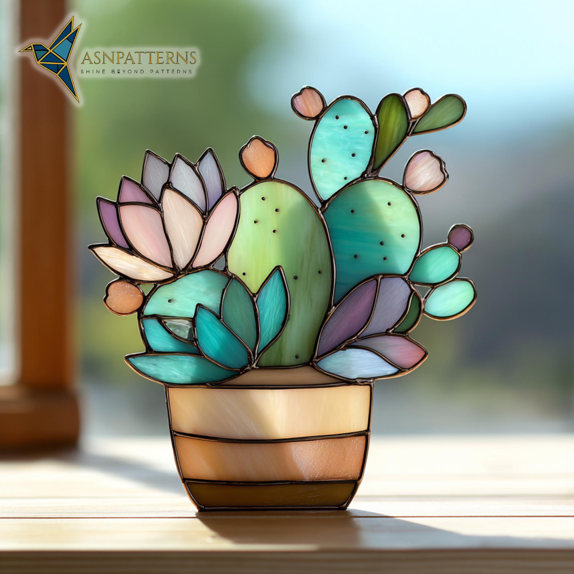 Blooming Cactus Stained Glass Pattern, Cactus Suncatcher, Stained Glass ...