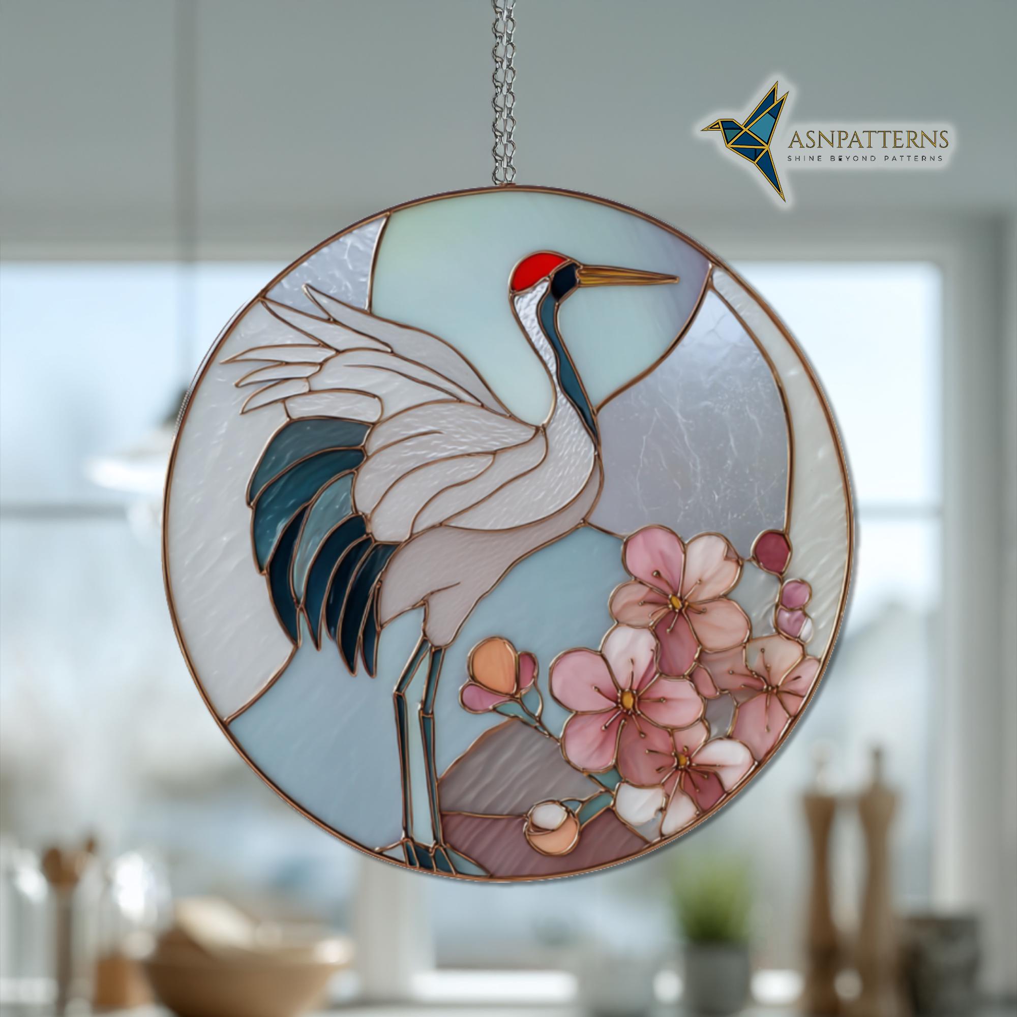 Japanese Crane Stained Glass Pattern, Crane Suncatcher Template, DIY ...