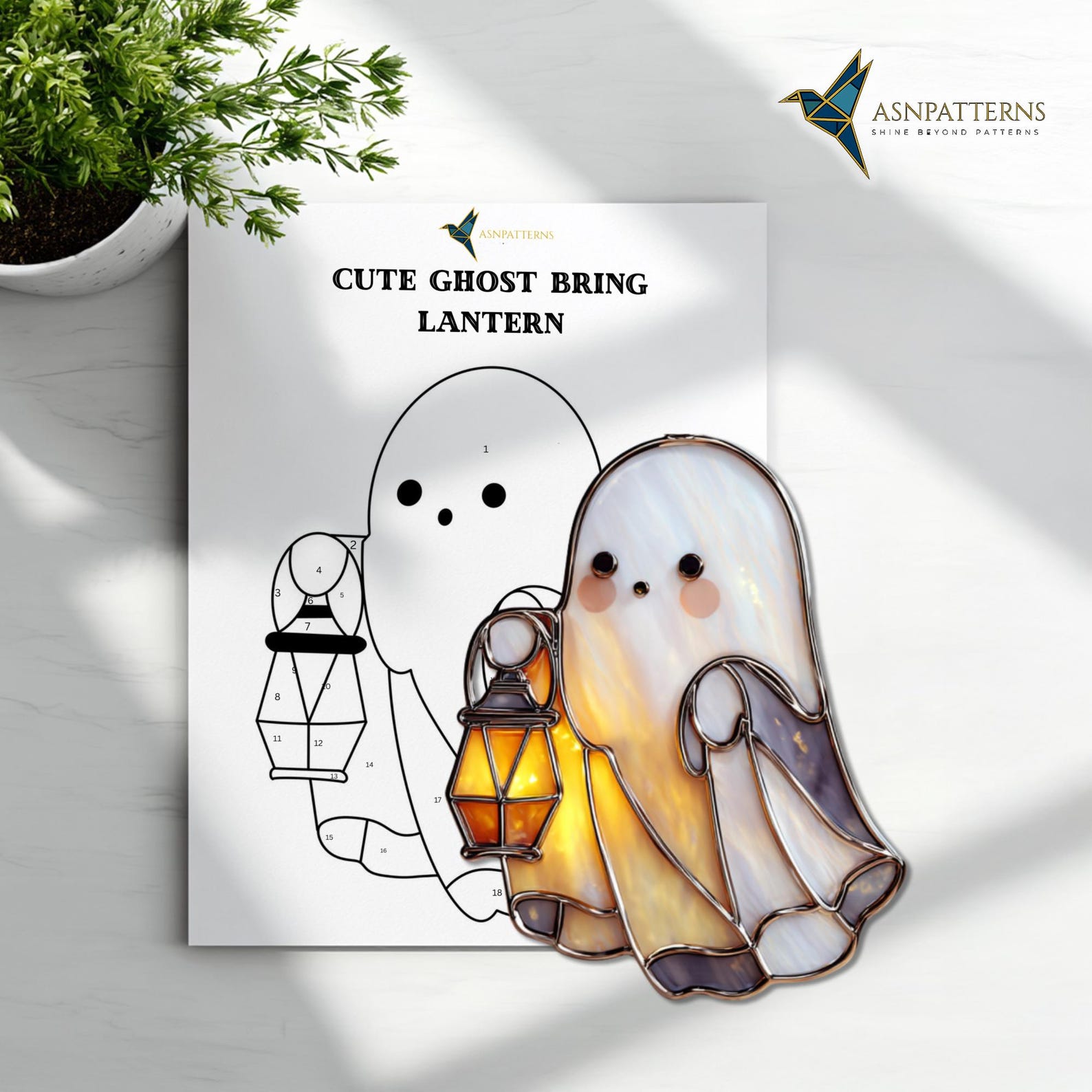 Ghost Bring Lantern Stained Glass Pattern, Cute Ghost Suncatcher ...