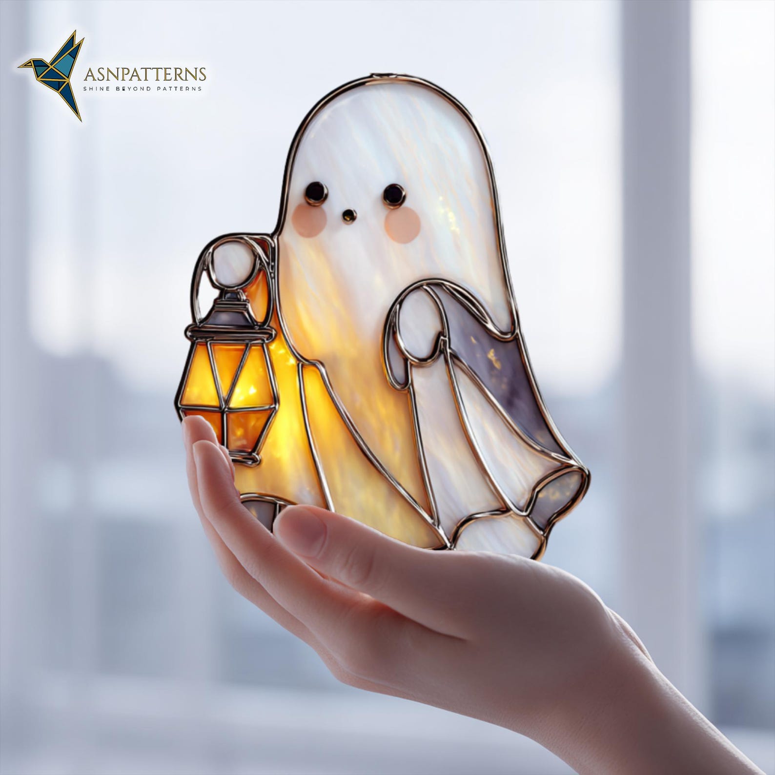 Ghost Bring Lantern Stained Glass Pattern, Cute Ghost Suncatcher ...