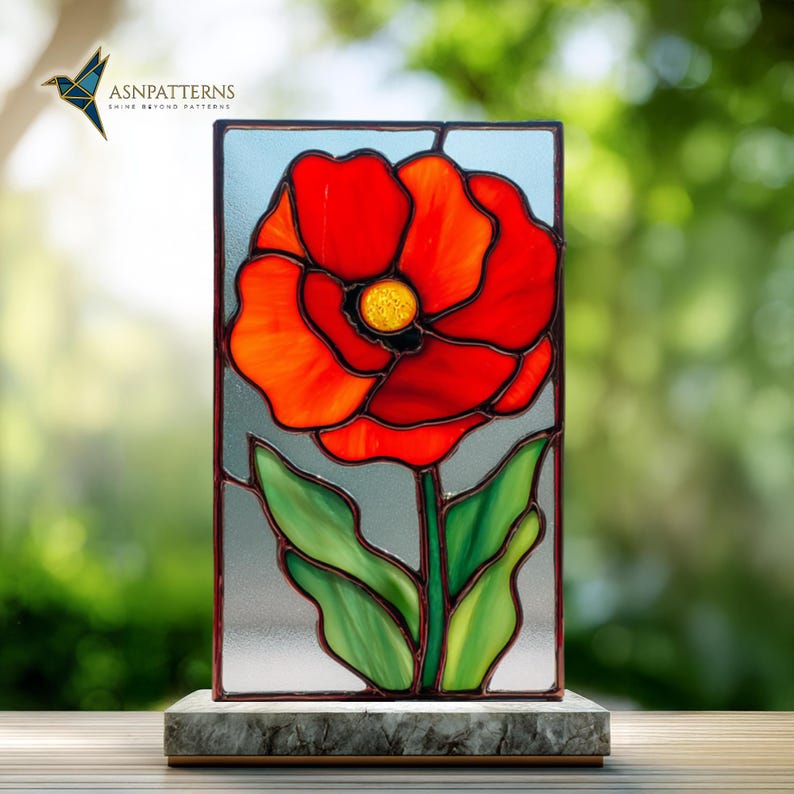 Large Poppy Stained Glass Pattern, Red Poppy Suncatcher PDF Template ...