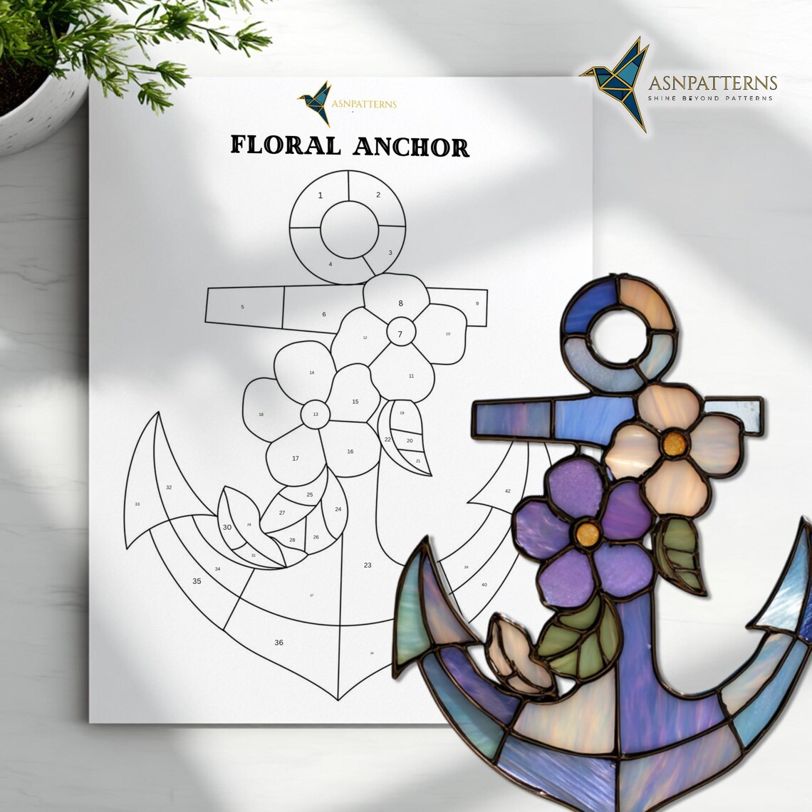 Floral Anchor Stained Glass Pattern, Anchor Suncatcher Template, DIY ...