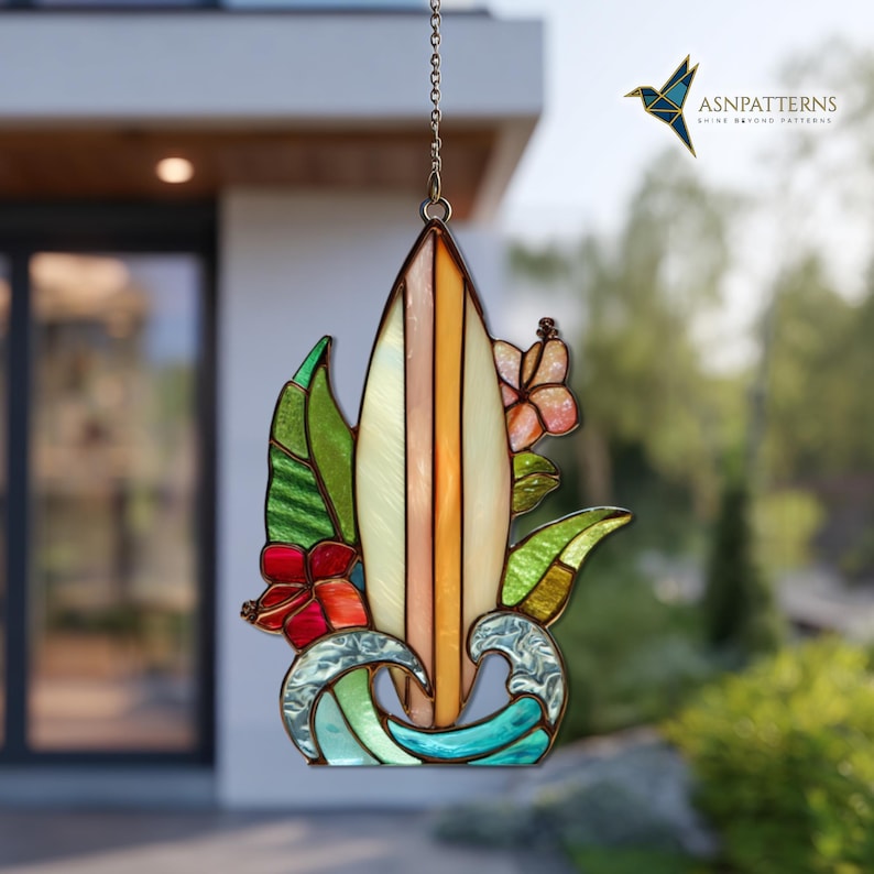Surfboard Stained Glass Pattern, Tropical Surfboard Suncatcher Template ...