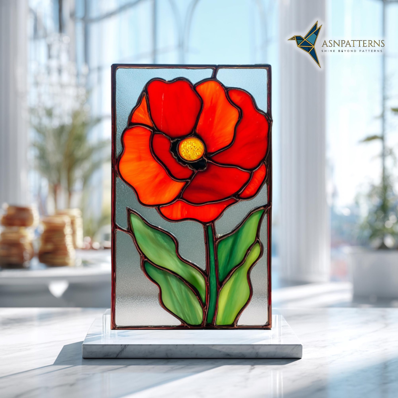 Large Poppy Stained Glass Pattern, Red Poppy Suncatcher PDF Template ...