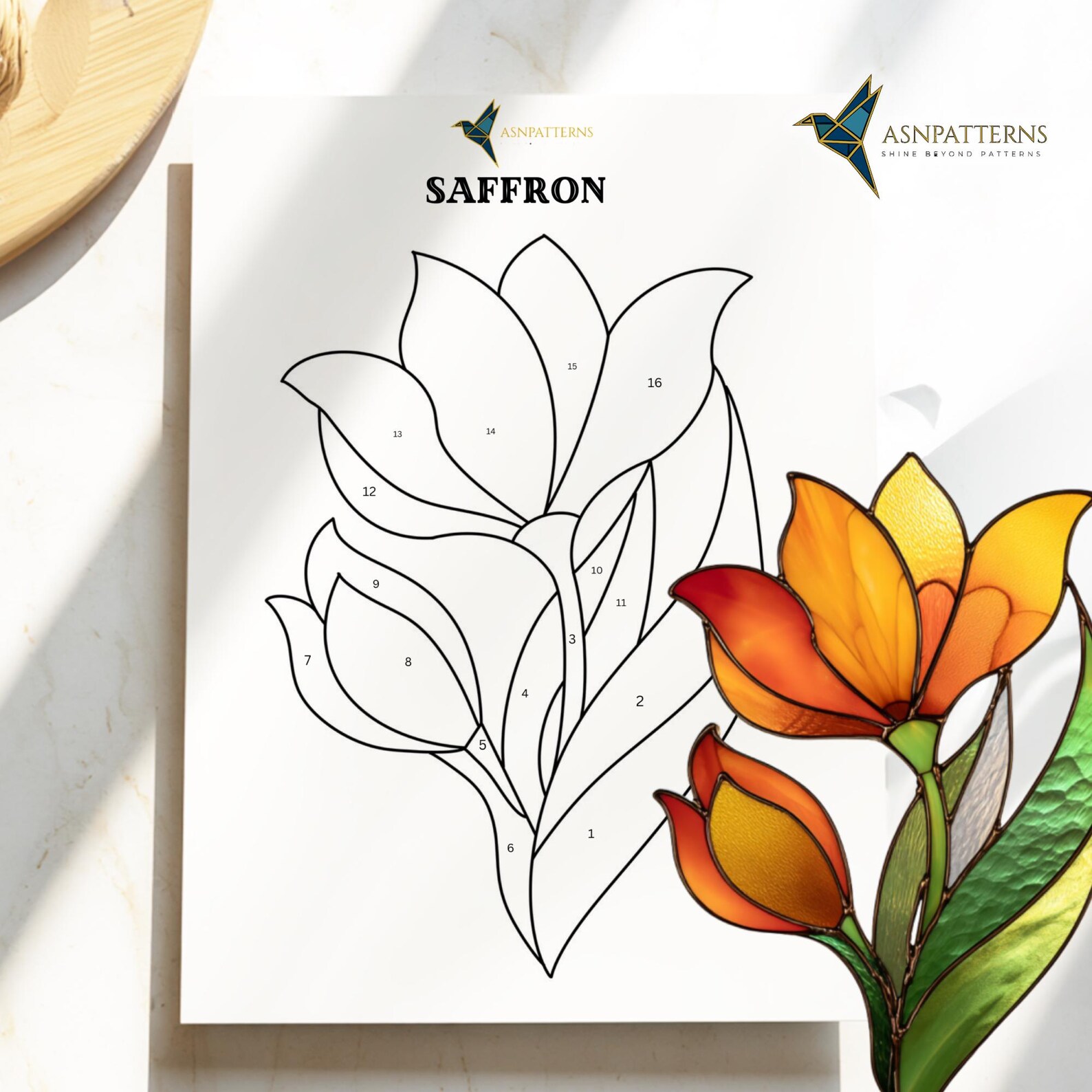 Saffron Stained Glass Pattern, Saffron Suncatcher, Stained Glass Flower ...