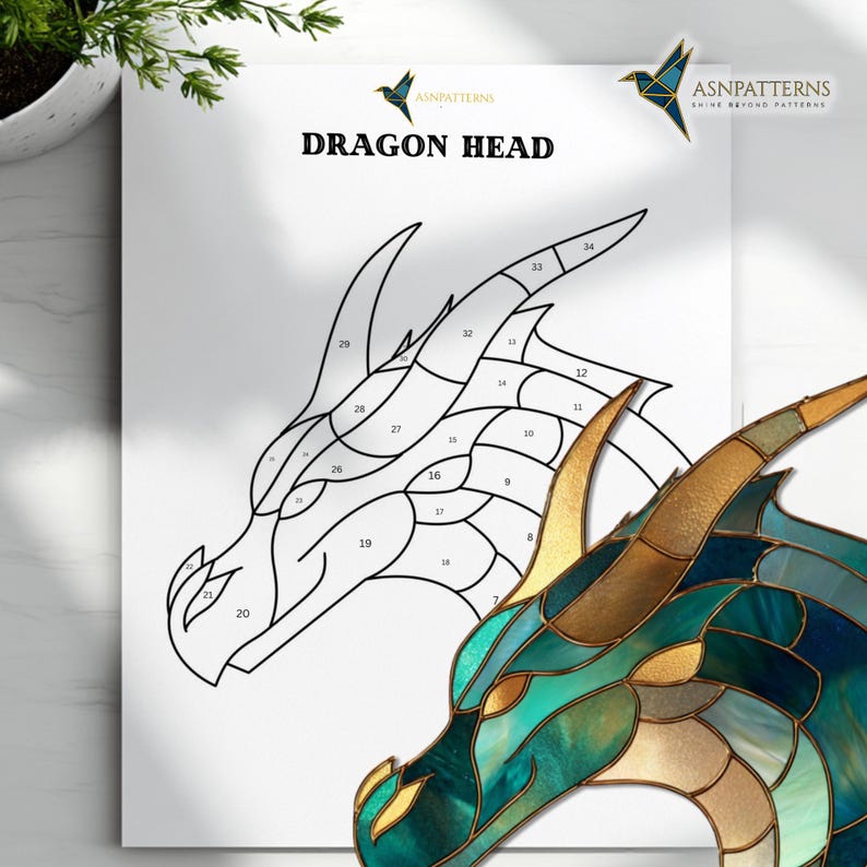 Green Dragon Stained Glass Pattern, Dragon Suncatcher Template, DIY ...