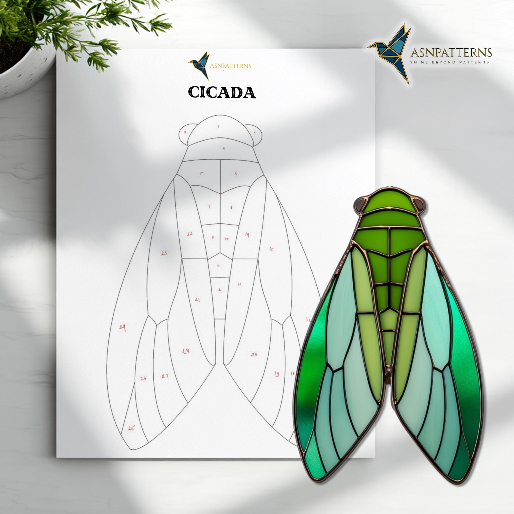 Cicada Stained Glass Pattern, Cicada Suncatcher, Stained Glass Green ...
