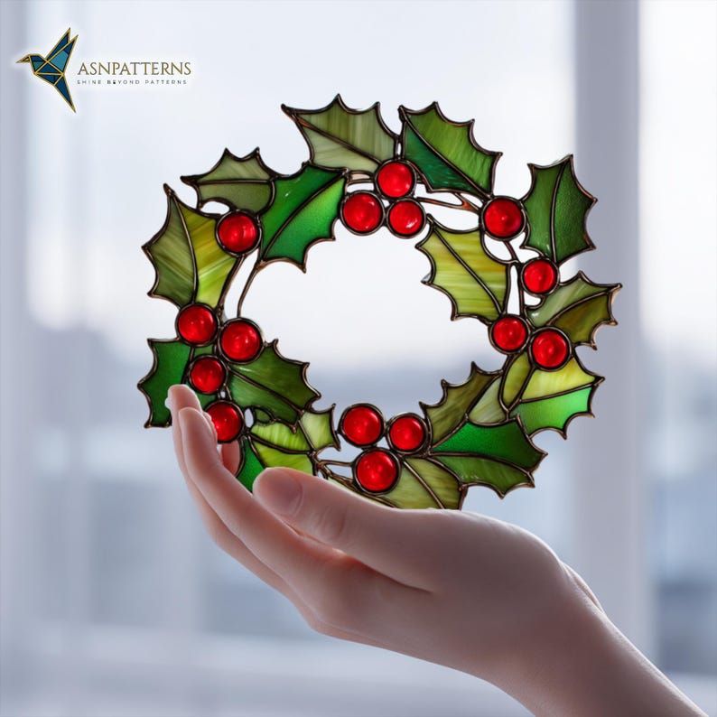 Holiday Wreath Stained Glass Pattern, Wreath Suncatcher, Stained Glass ...