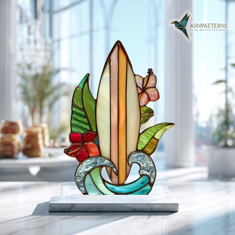 Surfboard Stained Glass Pattern, Tropical Surfboard Suncatcher Template ...