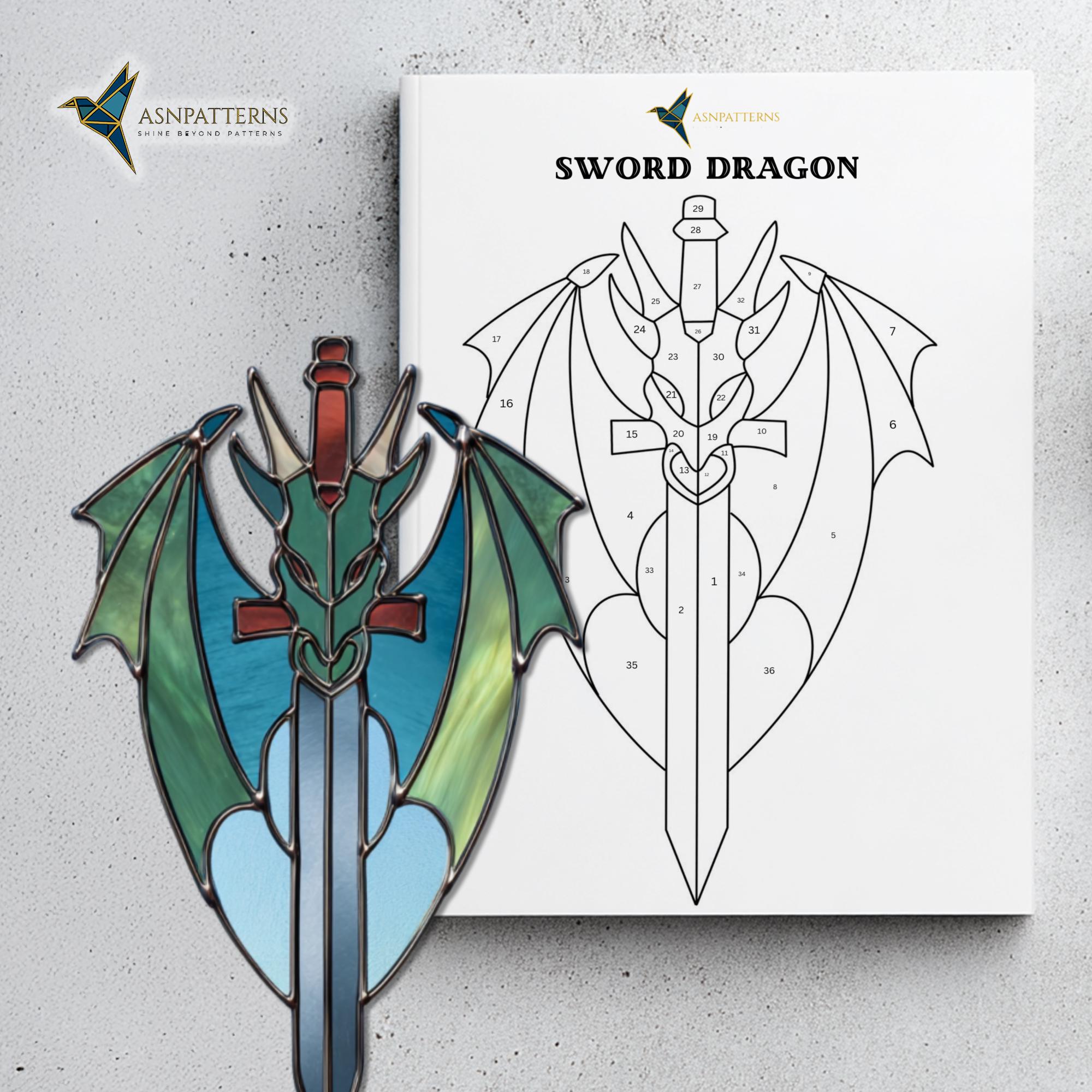 Sword Dragon Stained Glass Pattern, Dragon Suncatcher PDF Template, DIY ...