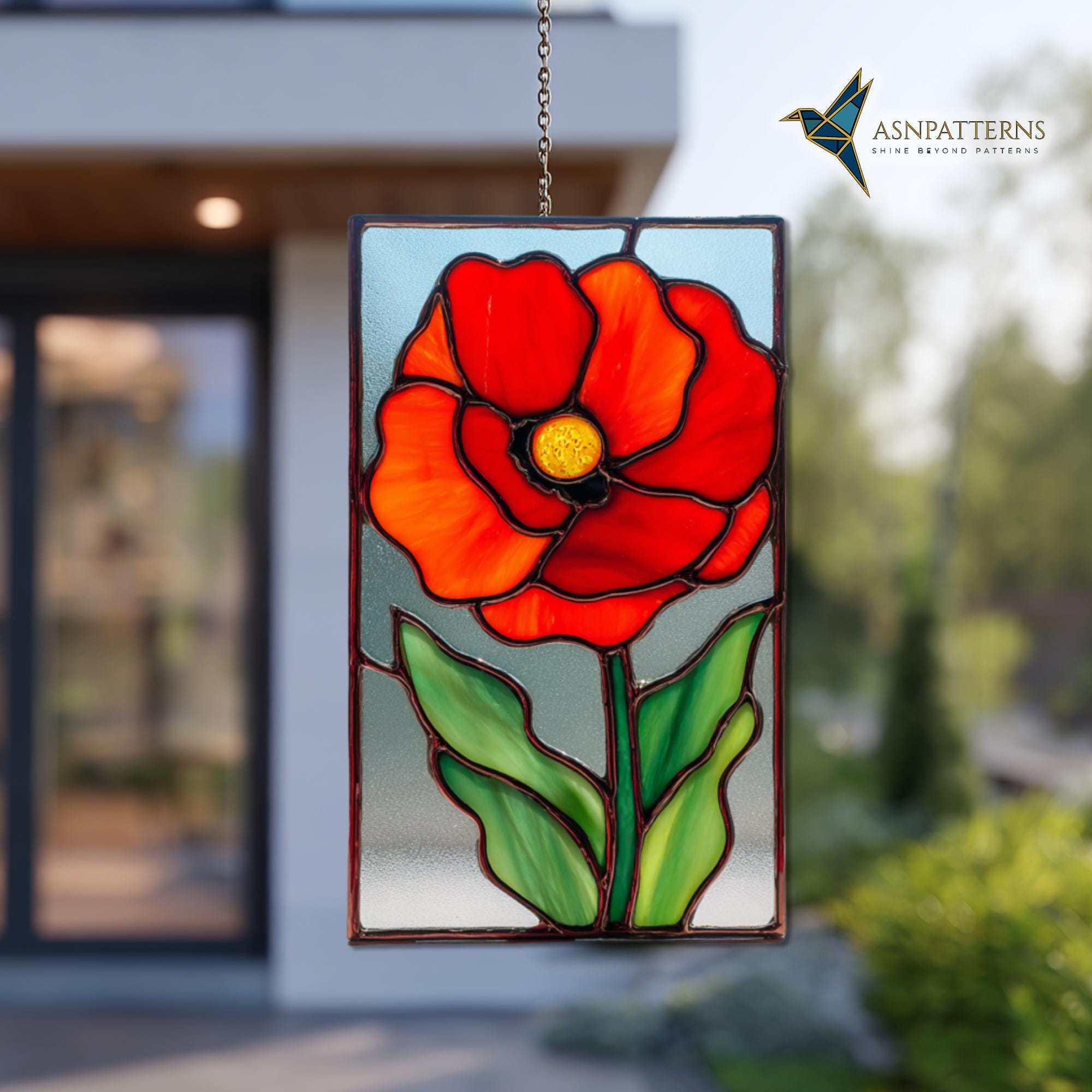 Large Poppy Stained Glass Pattern, Red Poppy Suncatcher PDF Template ...