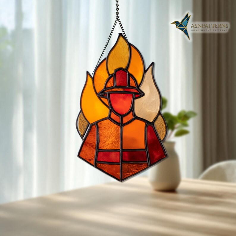 Firefighter Stained Glass Pattern, Fire Ma Suncatcher Template, DIY ...