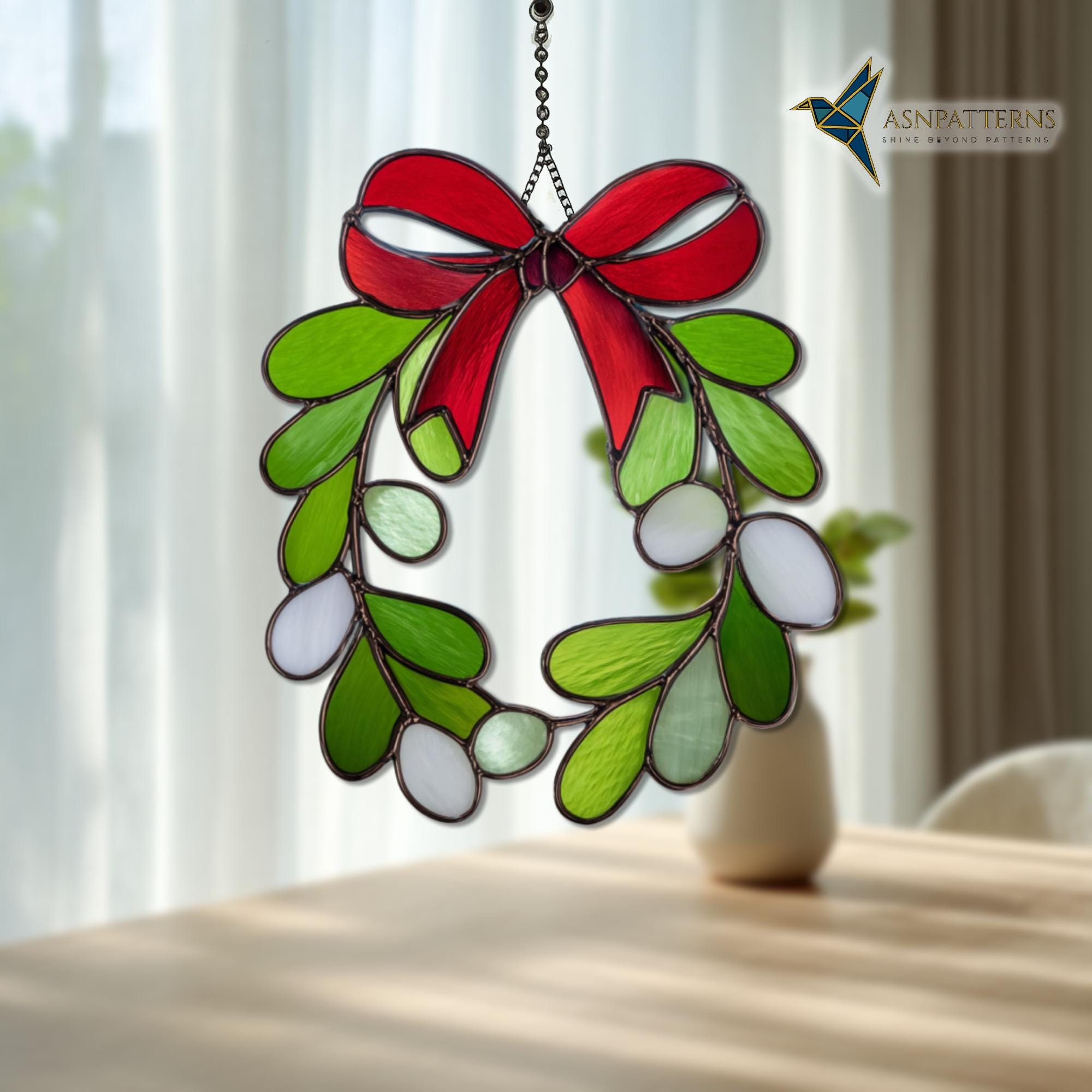 Mistletoe Branch Stained Glass Pattern, Mistletoe Wreath Suncatcher ...