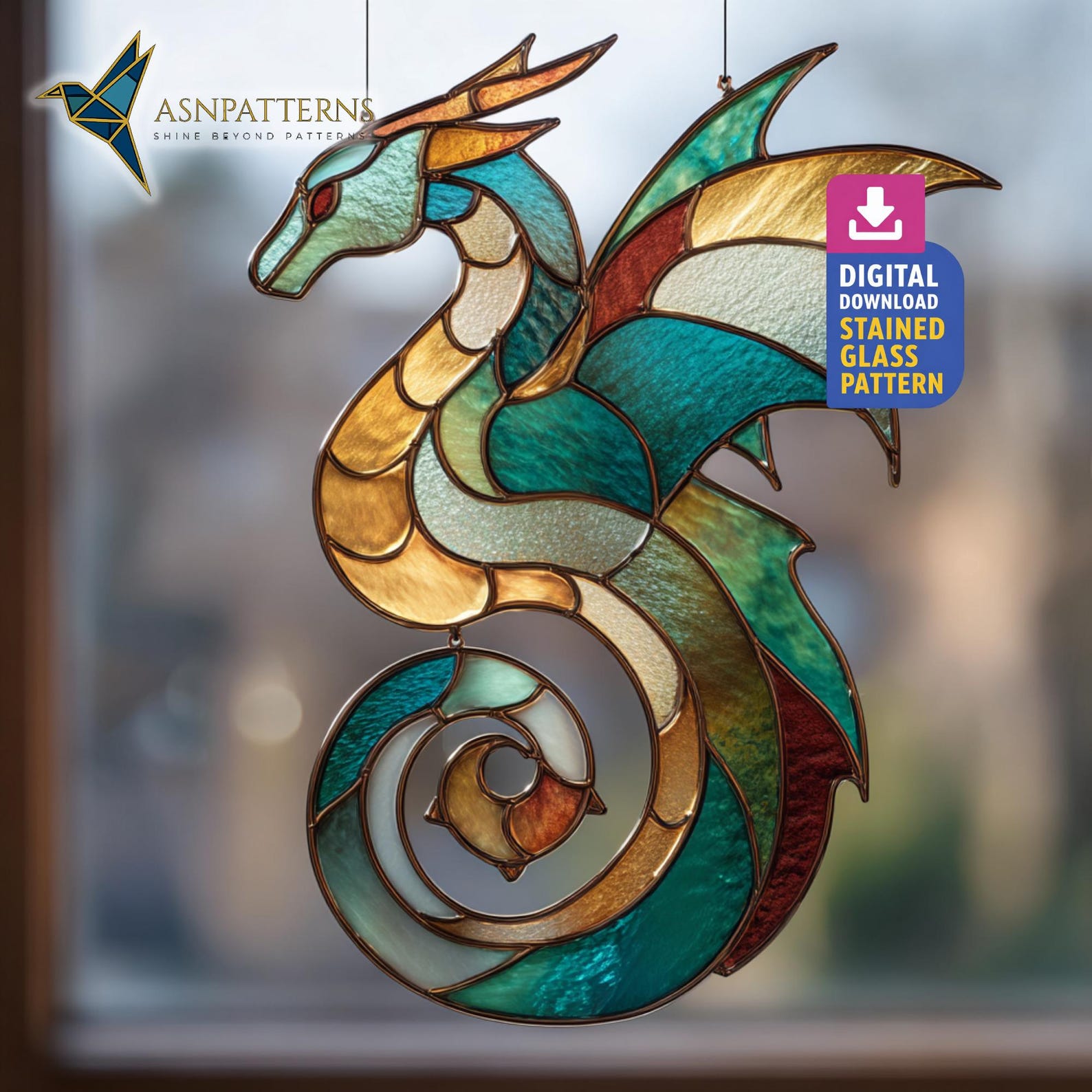 Dragon Stained Glass Pattern, Fantasy Dragon Suncatcher, Stained Glass ...