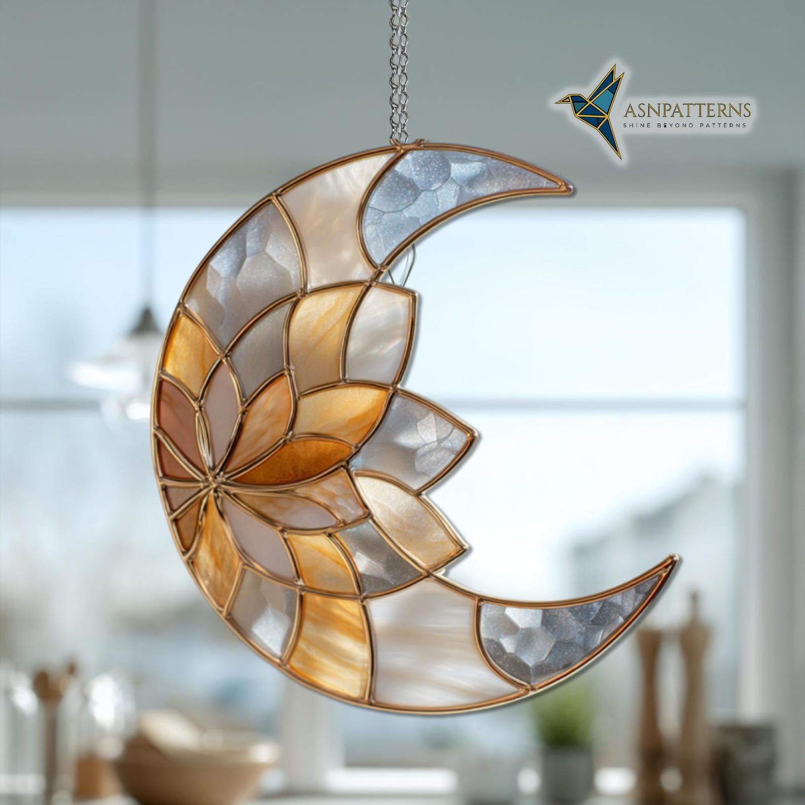 Mandala Moon Stained Glass Pattern, Crescent Moon Suncatcher, Stained ...