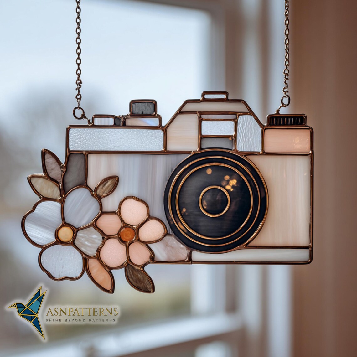 Floral Camera Stained Glass Pattern, Camera With Flowers Suncatcher ...