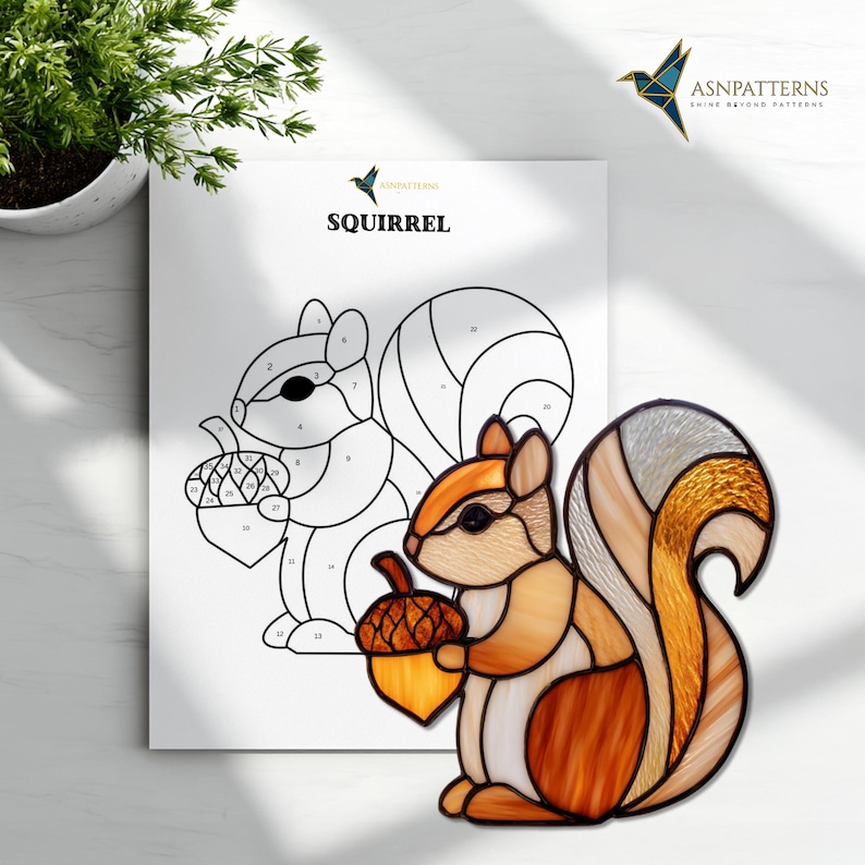 Squirrel With Acorn Stained Glass Pattern, Squirrel Suncatcher, Stained ...