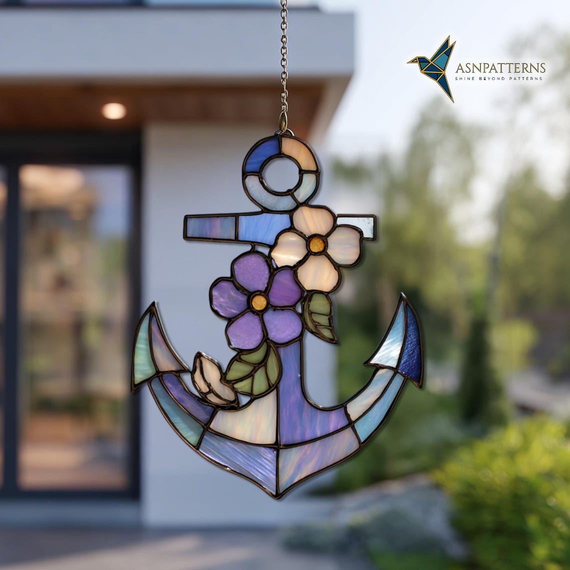 Floral Anchor Stained Glass Pattern, Anchor Suncatcher Template, DIY ...