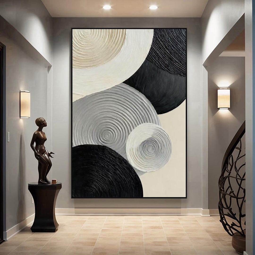 Original Abstract Monochrome Circle Oil Painting, Modern Neutral Wall ...