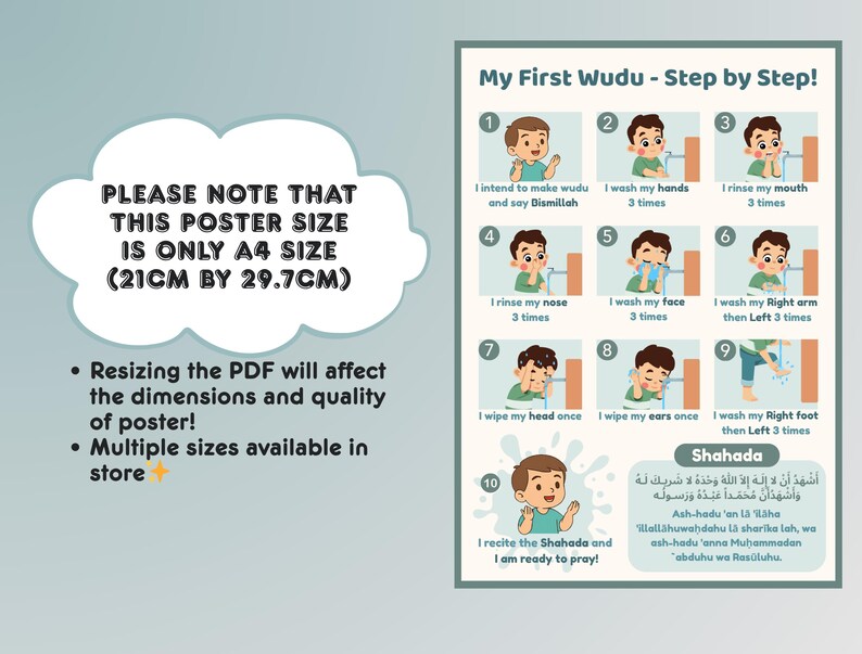 Wudu Steps Poster A4 | Islamic Ablution Guide Printable – My First Wudu ...