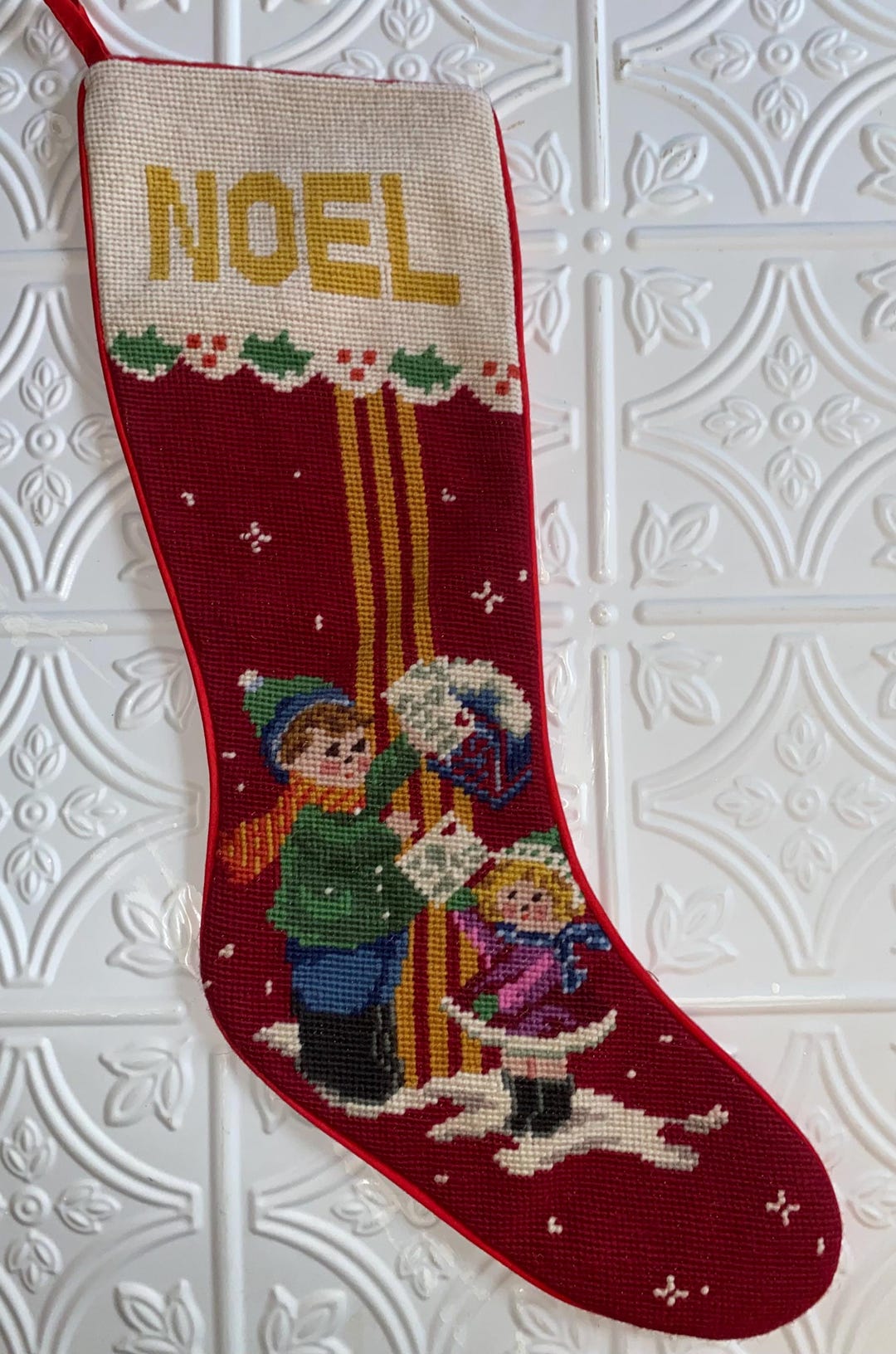 Vintage Christmas Needlepoint Stocking NOEL Children Letter to Santa ...