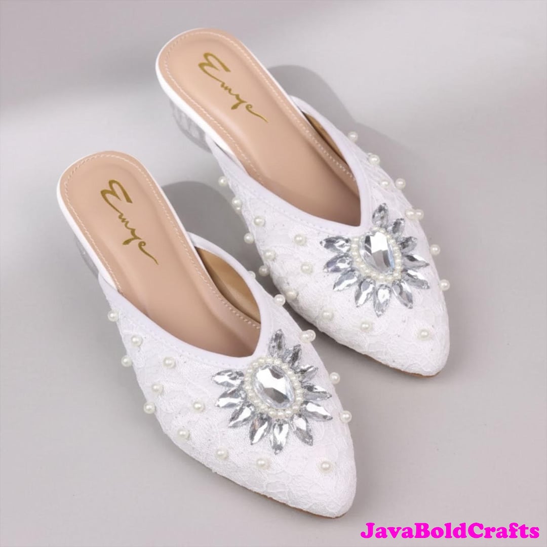 Sparkling Sequin Lace Wedding Mules Shoes, Elegant Bridal Shoes With ...