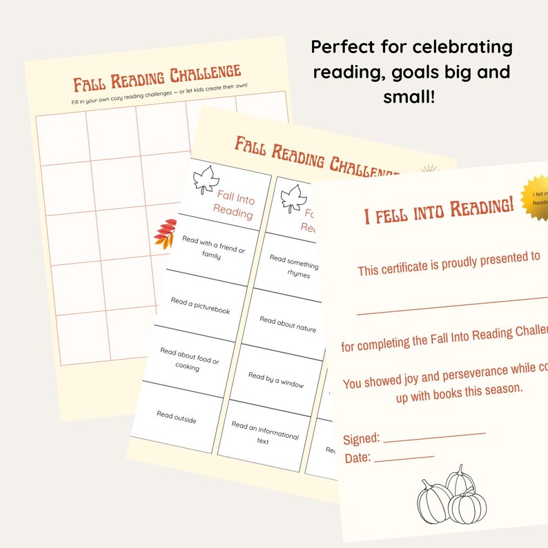 Fall Reading Challenge: Printable Bingo Board, Bookmarks, Certificate ...