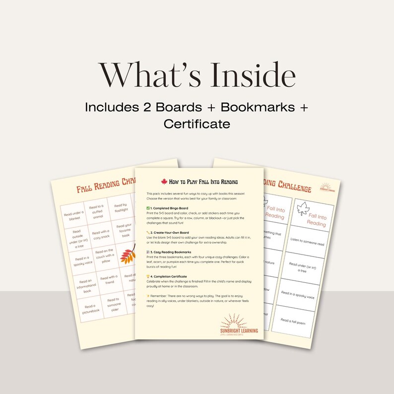 Fall Reading Challenge: Printable Bingo Board, Bookmarks, Certificate ...