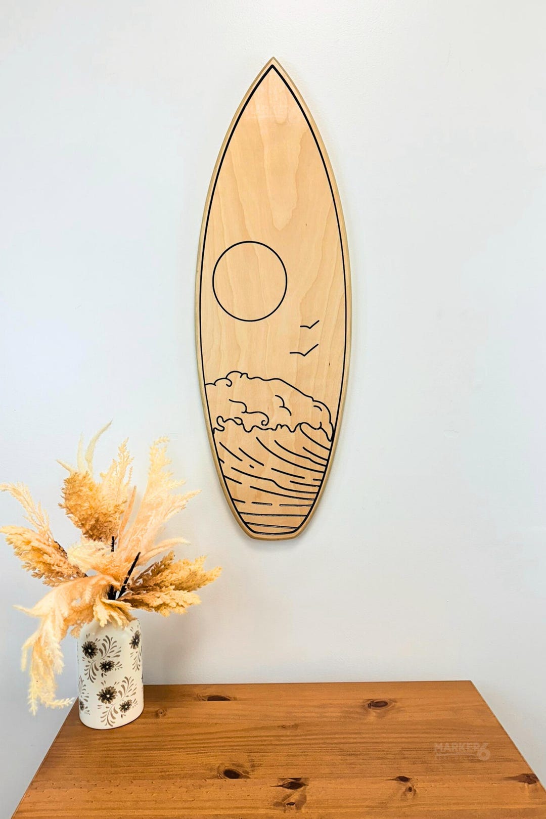 Natural Wood Sun Wave Line Art Surfboard Wall Decor - Etsy