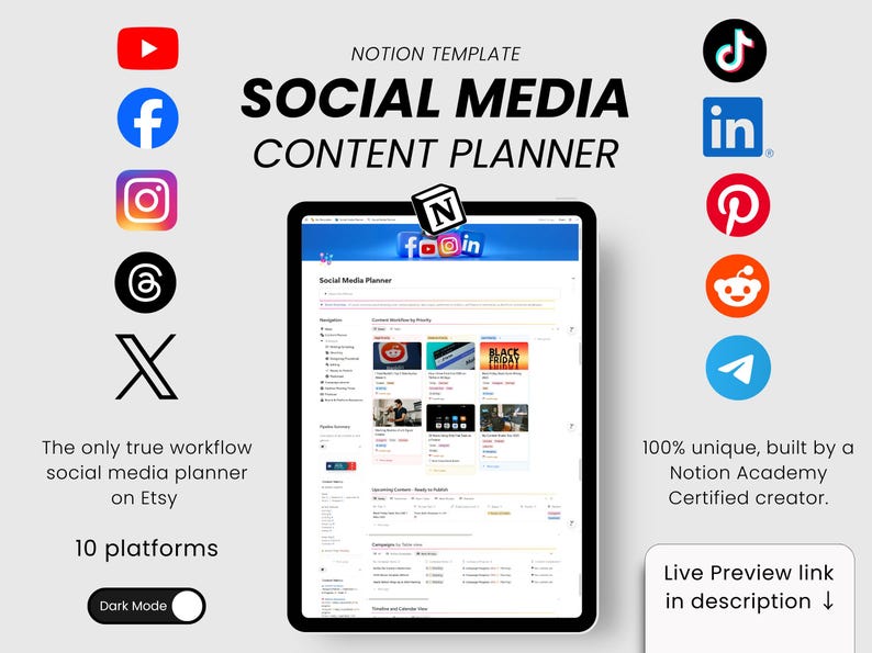 Social Media Content Planner Notion Template | Workflow Tracker ...
