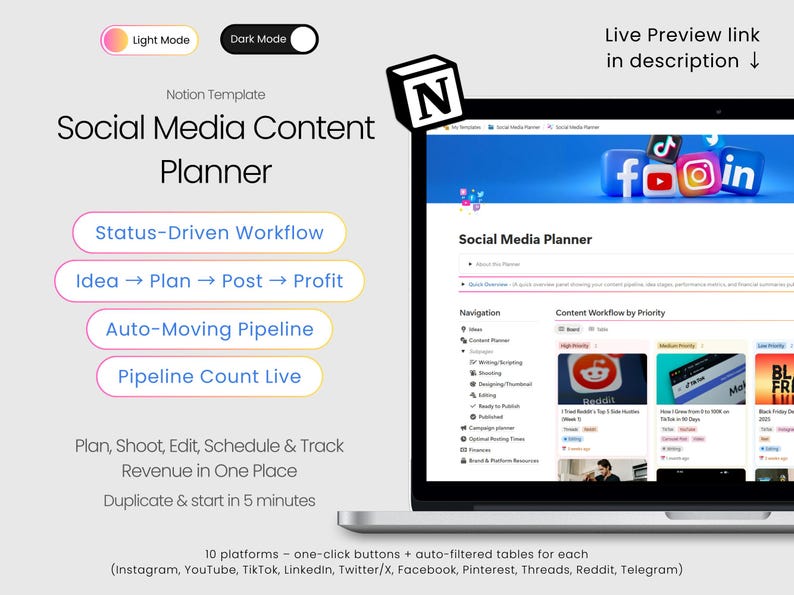 Social Media Content Planner Notion Template | Workflow Tracker ...