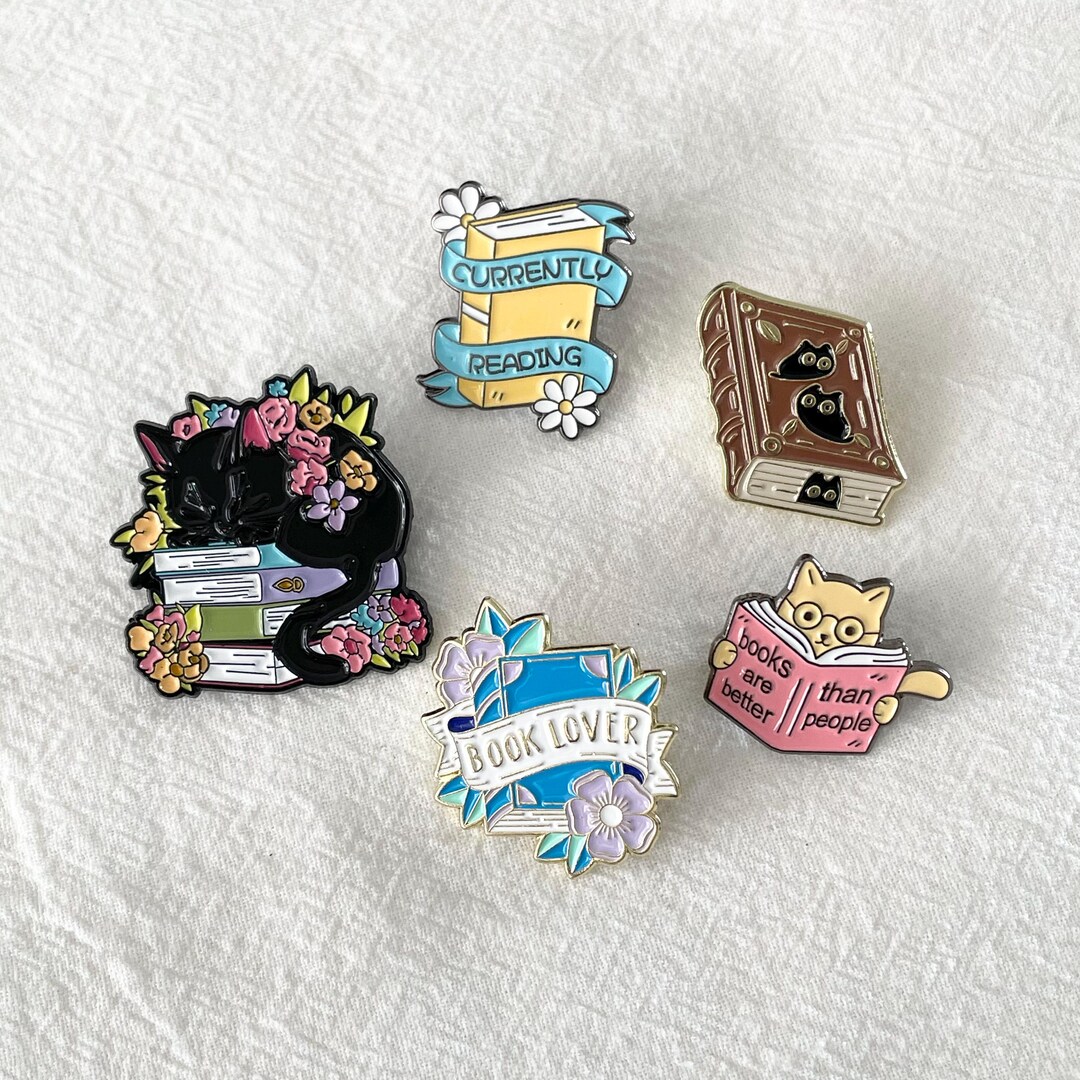 Bookish Enamel Pins, Book Club Badges. Book Lover Brooch, Cat Lover ...