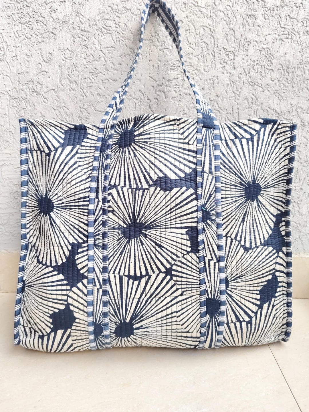Cotton Blue Floral Block Print Bags Quilted Beach Teacher Tote Gift for ...