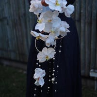 Cascading Bridal Bouquet: Pink, White, Gold Lilies, Bling Teardrop ...