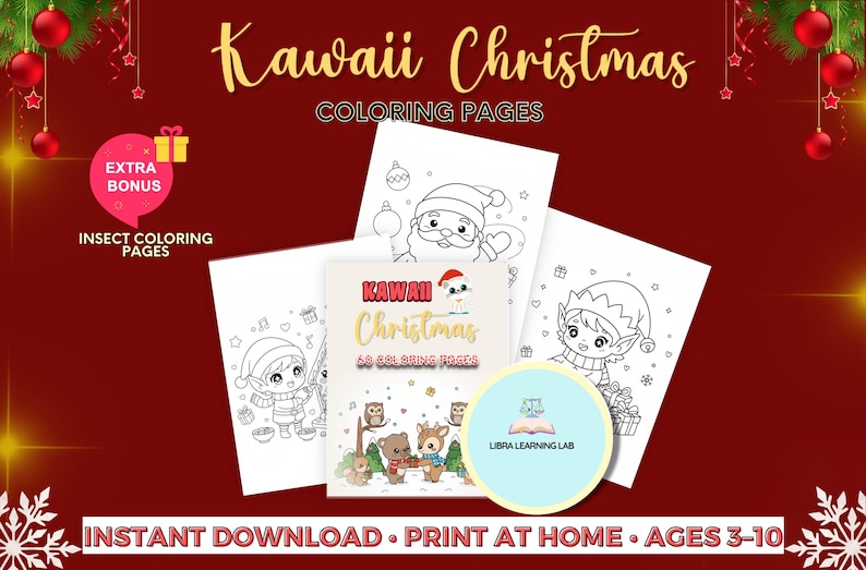 Kawaii Christmas Coloring Pages for Kids | Holiday Coloring Book ...